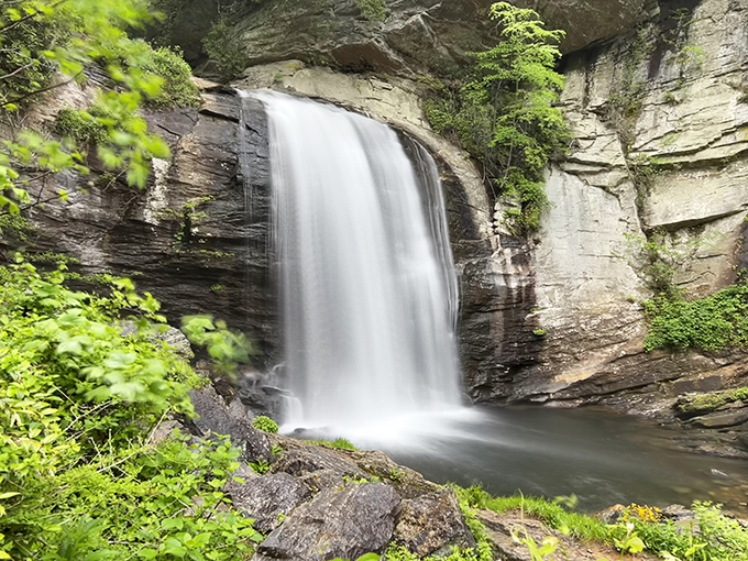 Nature's perfect curtain call! The 60-foot cascade of Looking Glass Falls creates a mesmerizing display as it tumbles over ancient rock faces into the crystal-clear pool below.