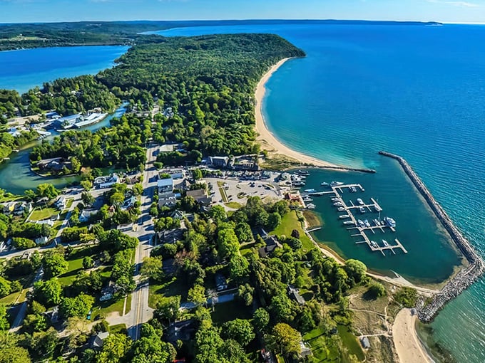 Sometimes the most breathtaking perspectives come from looking down on paradise - Leland's harbor never disappoints from any angle.