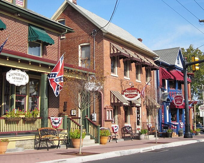 Historic storefronts line Gettysburg's charming streets, where colorful awnings and brick facades transport you to a simpler time of small-town American life.