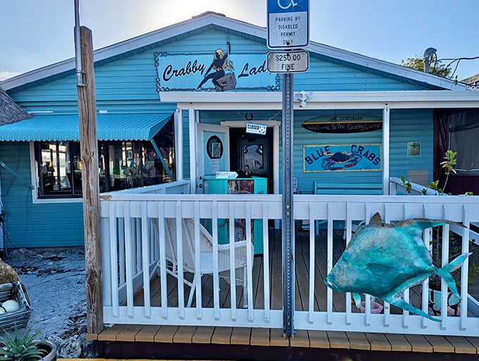 The turquoise beacon of Goodland! Crabby Lady's cheerful exterior promises Florida seafood authenticity with a side of coastal charm.