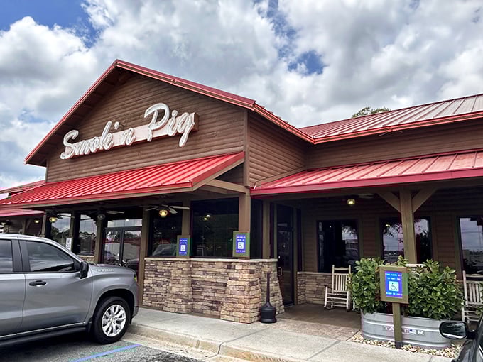 Like a BBQ beacon on the Georgia horizon, Smokin' Pig's welcoming facade promises meaty treasures within. Those rocking chairs aren't just for show.