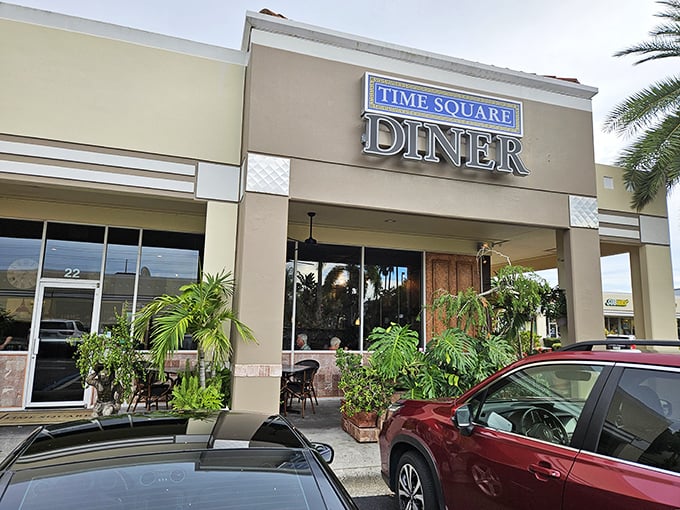 The unassuming exterior of Time Square Diner in Melbourne hides culinary treasures within. Florida's best-kept Greek secret wears no fancy disguise.