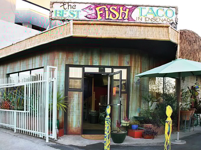 A colorful hand-painted sign welcomes taco pilgrims, featuring a fish with more personality than most Hollywood headshots.