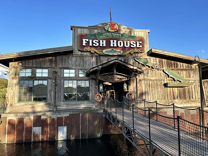 Approaching this rustic fishing lodge on stilts feels like discovering a secret hideaway where Huckleberry Finn might store his daily catch.