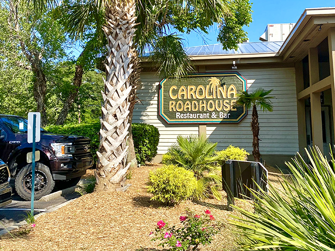 The unassuming entrance to Carolina Roadhouse beckons with tropical palm trees and a classic sign—culinary treasures often hide in plain sight.