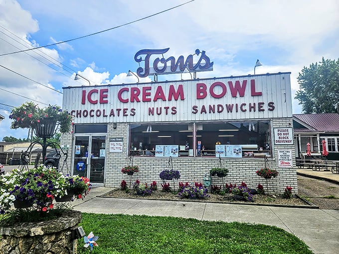 The unassuming white brick façade of Tom's Ice Cream Bowl stands as a beacon to ice cream pilgrims. This isn't architecture—it's a promise of deliciousness inside.