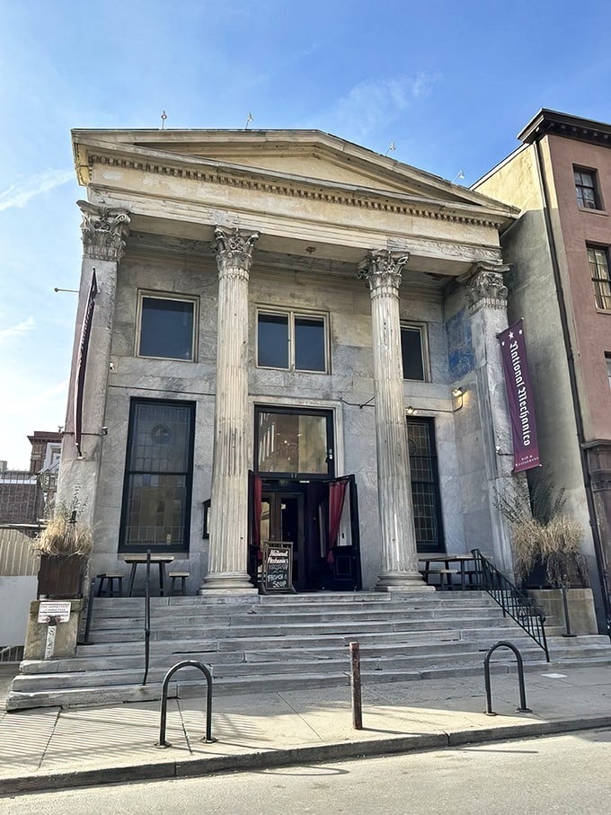 Banking on deliciousness! National Mechanics' grand Greek Revival façade promises a deposit of flavor that pays dividends with every bite.