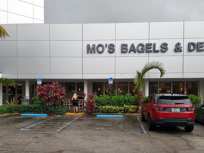 The unassuming exterior of Mo's Bagels & Deli in Aventura – where Florida sunshine meets New York deli tradition in a strip mall paradise.