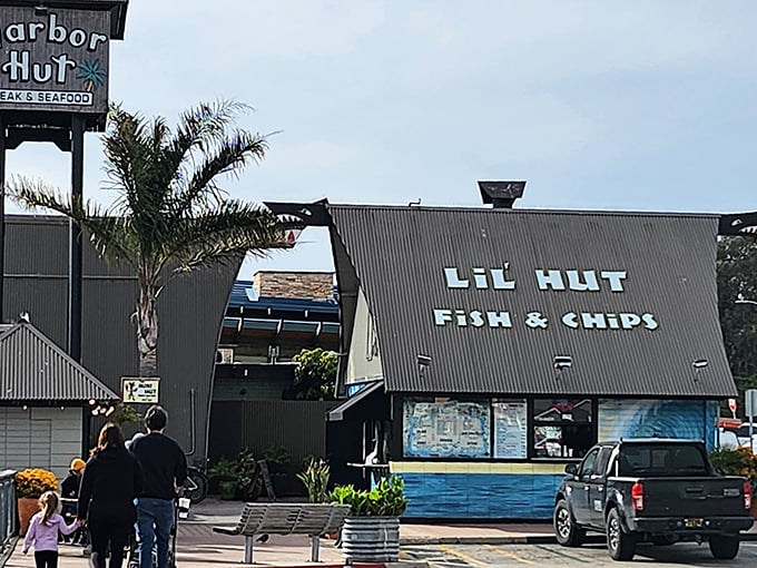 Harbor Hut stands proudly alongside its "Lil Hut" fish and chips takeout window—proof that sometimes the best seafood comes in humble packages with spectacular views.