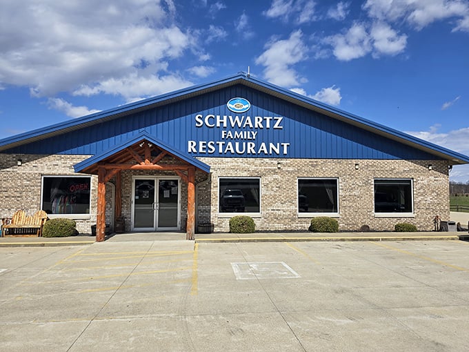 That blue roof isn't just for show—it's a beacon guiding hungry travelers to homestyle heaven in southern Indiana.