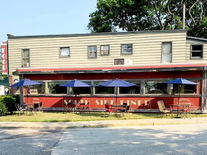 The iconic red exterior of South Side Soda Shop & Diner stands as a beacon of hope for hungry travelers. Time seems to slow down as you approach this Goshen landmark.