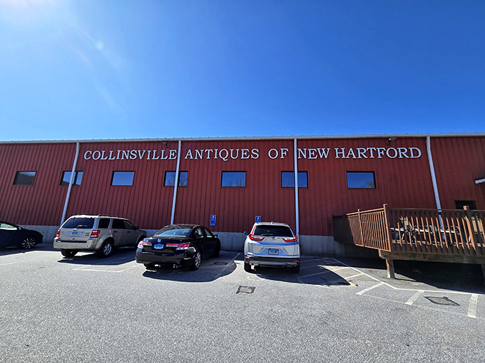The unassuming red exterior of Collinsville Antiques Co – like finding a treasure chest disguised as a barn. What wonders await inside those walls!