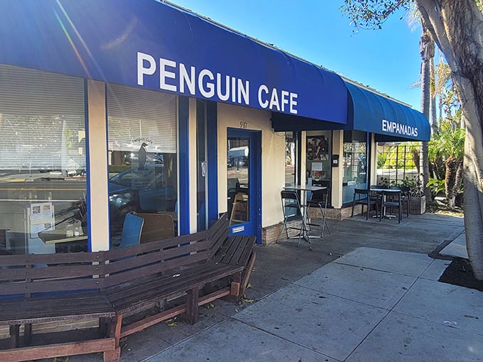 Simple wooden benches outside Penguin Cafe aren't just seating—they're the waiting room for some of California's most satisfying breakfast experiences.