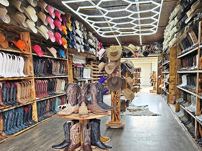Rows of cowboy boots and hats stretch as far as the eye can see—this Traders Village Houston shop is a Western wear wonderland where every aisle feels like a piece of Texas pride.