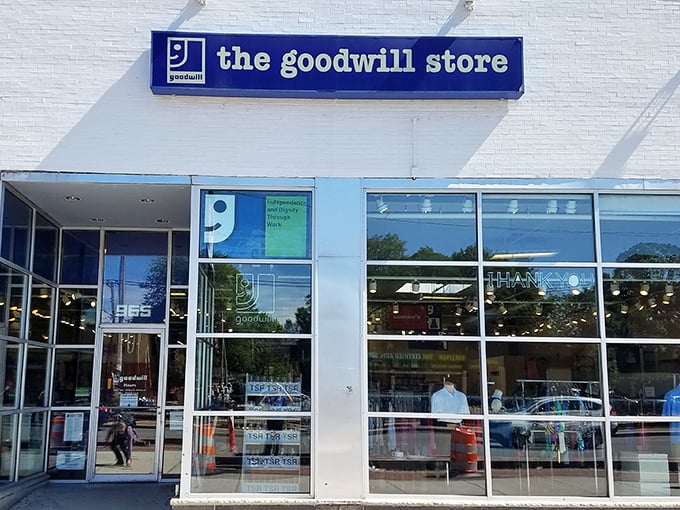 The clean white facade of Goodwill on Commonwealth Avenue stands like a beacon for bargain hunters—retail therapy without the "retail" prices.