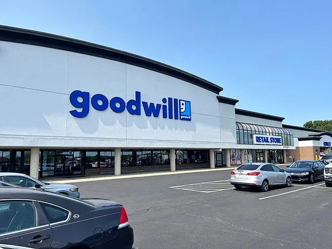 The gleaming blue Goodwill sign beckons like a siren call to bargain hunters across Columbus, promising treasures waiting to be discovered inside.
