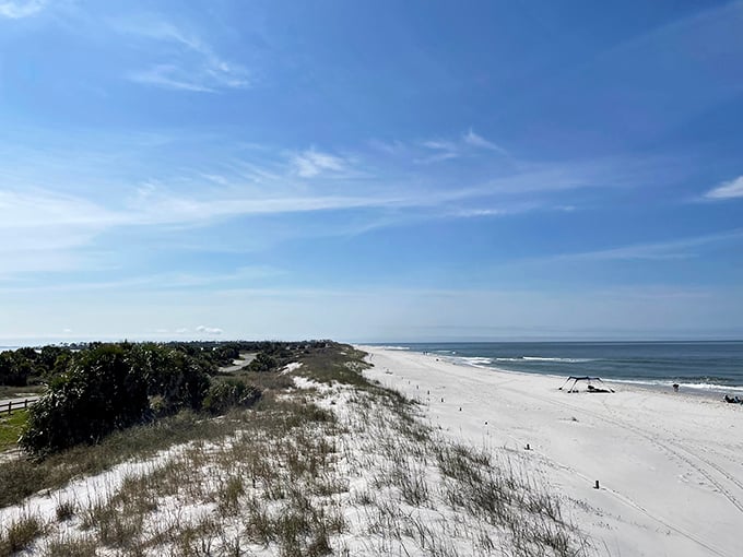 Miles of pristine shoreline stretch before you like nature's welcome mat. This panoramic view of St. Joseph Peninsula's sugary white beaches promises solitude in abundance.