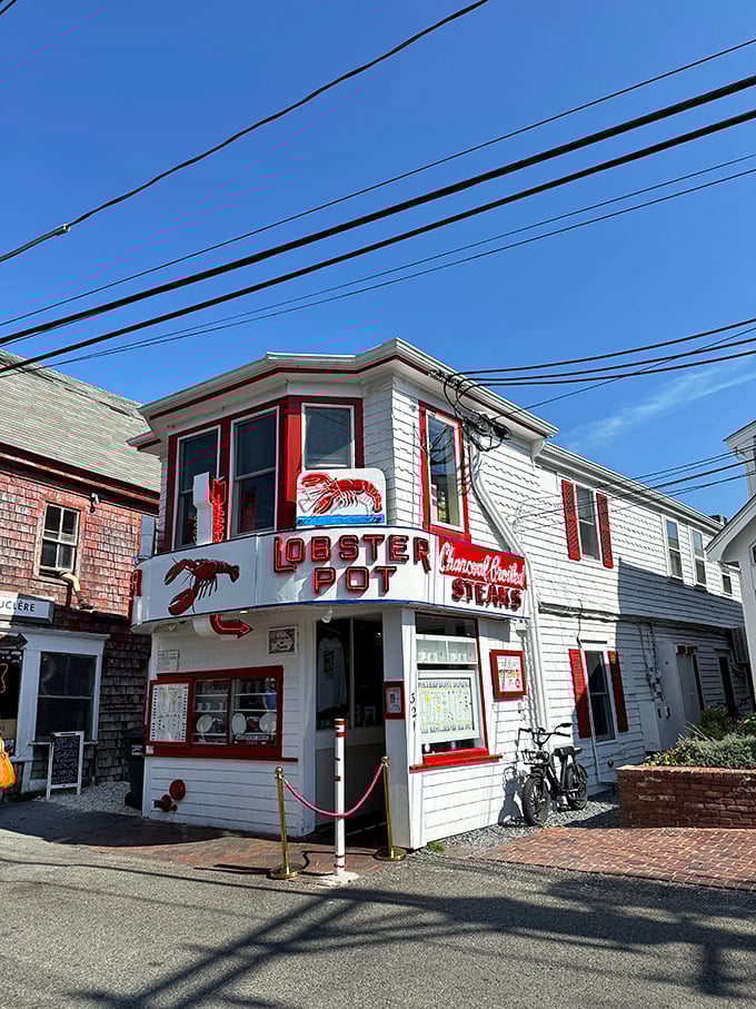 That neon lobster isn't just a sign—it's a lighthouse for hungry travelers who've made the journey to the tip of Cape Cod.