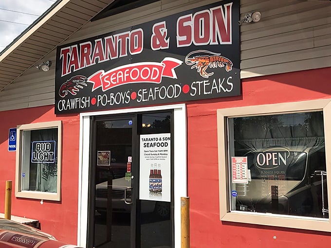 At Taranto & Son, the sign says it all—crawfish, po’boys, and seafood feasts worth pulling over for.