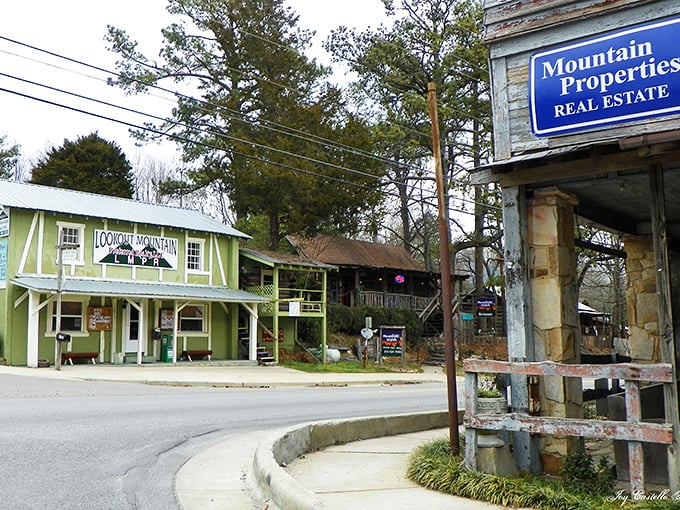 Lookout Mountain Café's lime-green facade stands as Mentone's colorful welcome committee against the mountain backdrop.