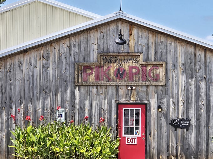 The weathered wooden exterior and bold red sign of Pik N Pig promise authentic barbecue without pretense—like a delicious secret hiding in plain sight.