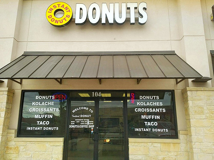 That yellow donut sign is like a beacon of happiness calling you home to carb heaven.