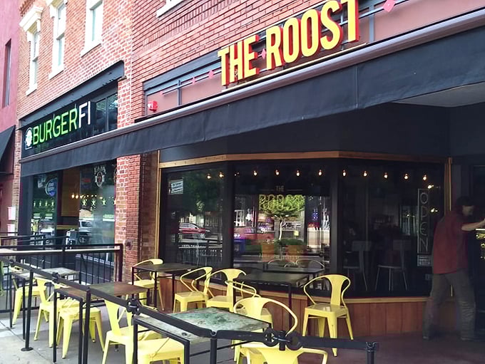 The Roost's sunny yellow chairs invite sidewalk diners to linger over coffee while watching Lawrence wake up to another beautiful Kansas morning.