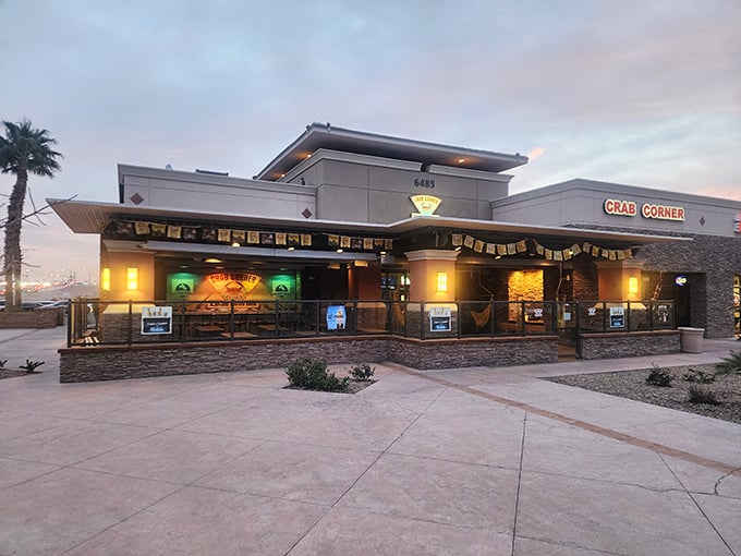 The desert sunset casts a warm glow on this unassuming treasure – proof that sometimes the best seafood comes in strip mall packages.
