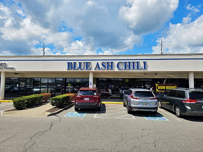 The unassuming strip mall exterior of Blue Ash Chili proves once again that culinary treasures often hide in the most ordinary-looking places.