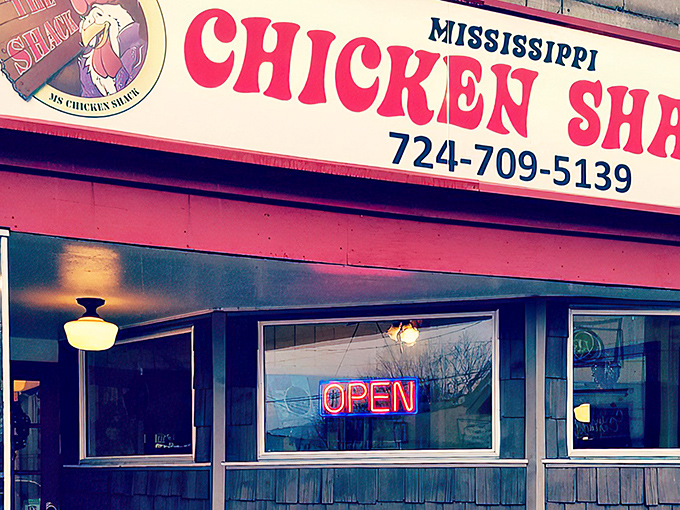 The bold red lettering of Mississippi Chicken Shack's sign promises exactly what you'll find inside—soul-satisfying chicken that's worth every mile of the journey.