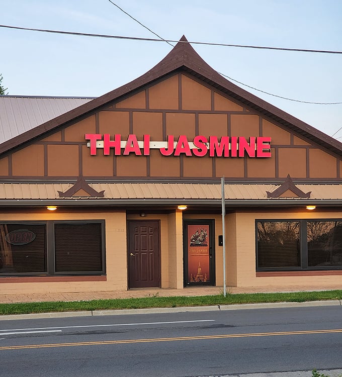 The bright red letters of Thai Jasmine stand out like a beacon of flavor against Lima's skyline. No fancy frills, just the promise of authentic Thai goodness inside.