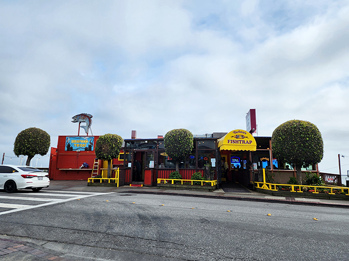 The bright yellow awning and weathered red exterior of Barbara's Fishtrap stands as a beacon for seafood lovers—no Instagram filters required for this authentic coastal gem.