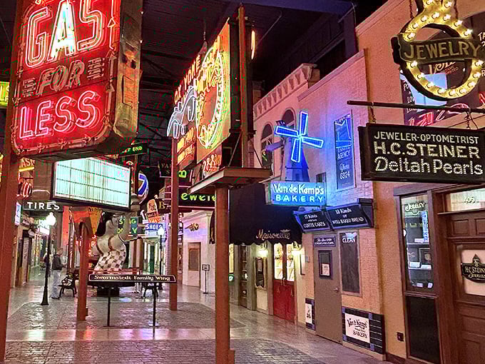 A neon wonderland where Howard Johnson's, Sky-Vu Motel, and Brown Caterers compete for your attention like Times Square in miniature.