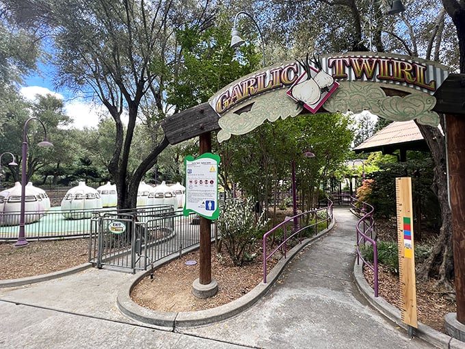 The entrance to Garlic Twirl promises whimsical thrills nestled among shady trees – proof that amusement parks don't need concrete jungles to create magic.