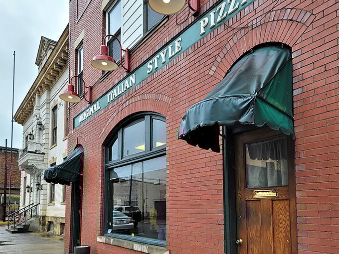 A closer view of the "Original Italian Style Pizza" sign that's guided hungry Pennsylvanians to this Ambridge institution for decades. Those green awnings have sheltered countless pizza dreams.
