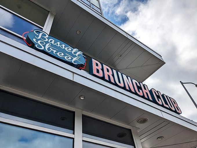 From this angle, the Brunch Club sign looks like it's announcing your induction into a secret society where the password is "extra maple syrup, please."