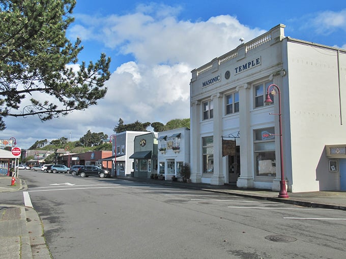Bandon's historic Masonic Temple anchors a downtown where time slows down and conversations with strangers become the day's highlight.