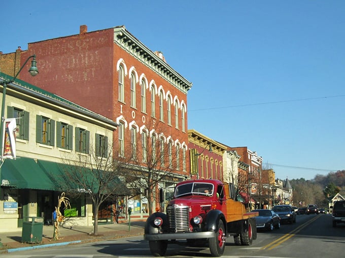Main Street Brookville showcases classic Americana with its vintage brick buildings and occasional vintage truck – small-town charm with big personality.