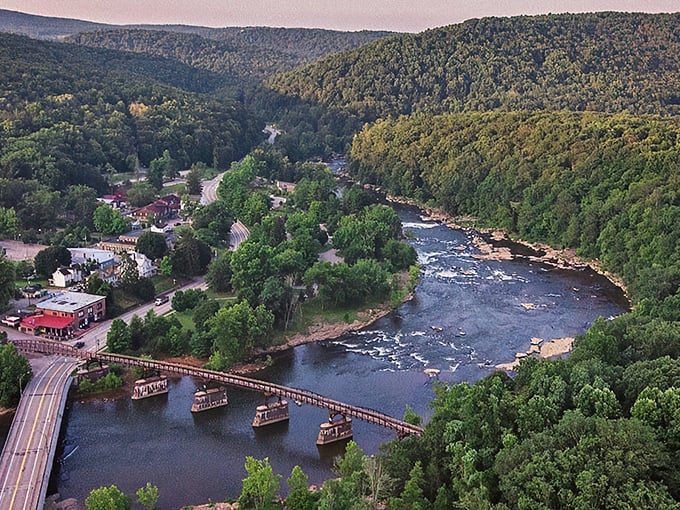 Aerial view of Ohiopyle reveals nature's perfect marriage of forest and river, like finding the Shangri-La of Pennsylvania hiding in plain sight.