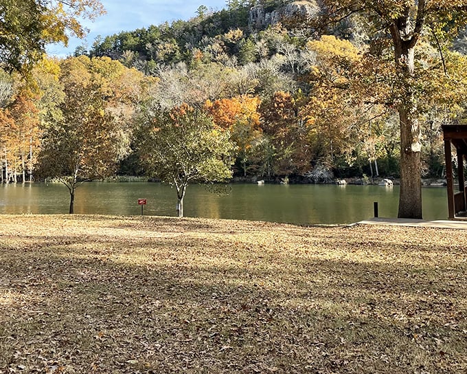 Autumn's paintbrush at work—where trees dress in their Sunday best and the water mirrors their splendor perfectly.