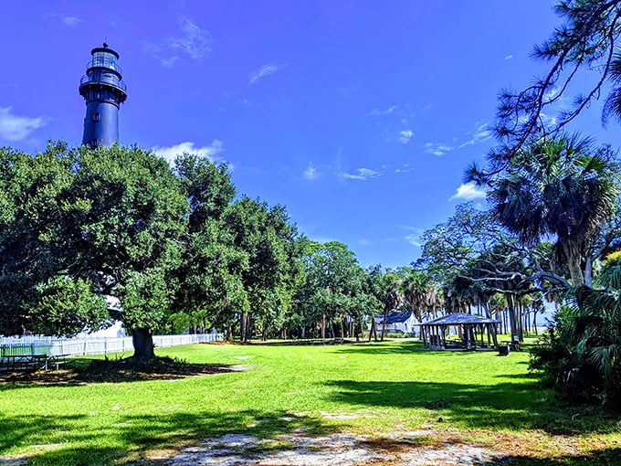 The iconic black and white lighthouse stands sentinel among lush greenery, a perfect postcard moment waiting to happen.