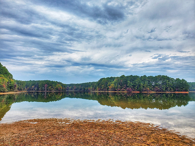 Mirror, mirror on the lake – Tishomingo's glassy waters reflect the sky so perfectly you might forget which way is up. Nature's own infinity pool.