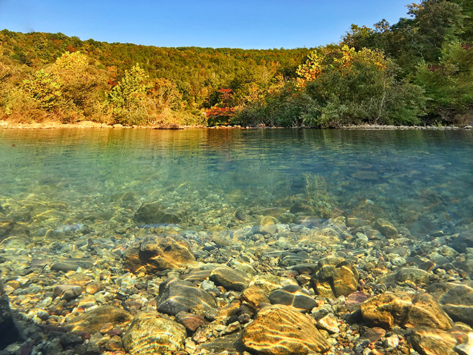 Crystal-clear water meeting ancient rock under autumn's golden canopy – nature's own infinity pool without the resort fees.