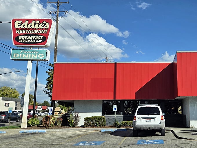 Eddie's iconic red exterior and vintage sign stand as a beacon of breakfast hope on Boise's landscape, promising all-day morning delights to hungry souls.