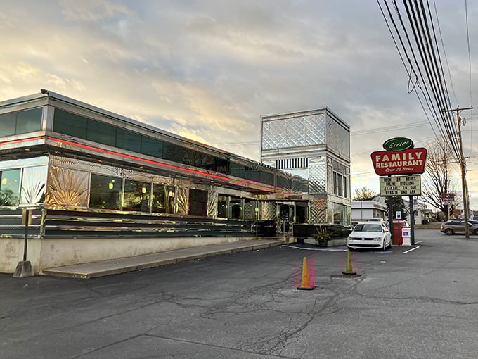The chrome-clad exterior of Exeter Family Restaurant gleams in the evening light, a shining beacon of comfort food that's been calling hungry Pennsylvanians home for generations.