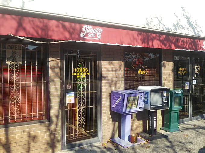 The unassuming brick façade of Mack's Cash Grocery stands as Columbia's culinary time machine, complete with vintage newspaper boxes that have witnessed decades of burger-seeking pilgrims.