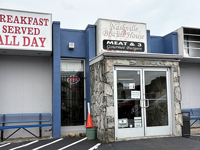 The blue facade with "BREAKFAST SERVED ALL DAY" isn't just a sign—it's a promise that morning's greatest hits are available whenever hunger strikes.