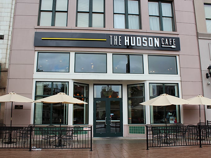 A modern facade that means business—The Hudson Cafe's street presence promises what lies within: serious breakfast in a contemporary setting.