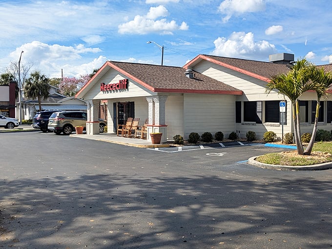 From this angle, you can appreciate Reececliff's charming roadside presence – a beacon of home cooking amid palm trees and Florida sunshine.
