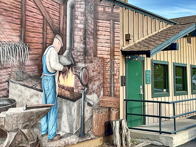 The striking mural of a blacksmith at work perfectly complements D'Carlos' rustic exterior. Craftsmanship in art mirrors the culinary craftsmanship waiting inside.